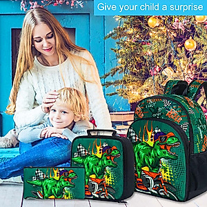 KLFVB 3PCS Boys Backpack, 16" Dinosaur Kids Bookbag and Lunch Box, Preschool Backpacks for Elementary Students