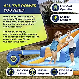 CORAXOL Bounce House Blower – Air Pump for Inflatable House or Castle, 1100 Watt (1.5 HP) Power 12 Feet Supply Cord, Blue and Green, Portable Blower Fan for Inflatable Toys