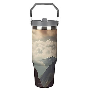 BWQJKUO Large Capacity Car Cup 30 Oz Stainless Steel Woman on A Top Mountain Printed Travel Mug Leak-proof Flip Straw Tumbler with Handle,keeps Cold Or Ho
