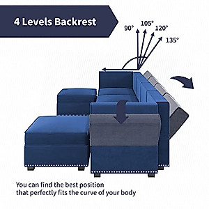 ZAFLY Sectional Sofa, 4 Seat Modular Comfy Couch with 4 Storage Ottomans, Convertible L Shaped U Shaped Couch Queen Sleeper Sofa with Adjustable Backrest Couches for Living Room(Blue)