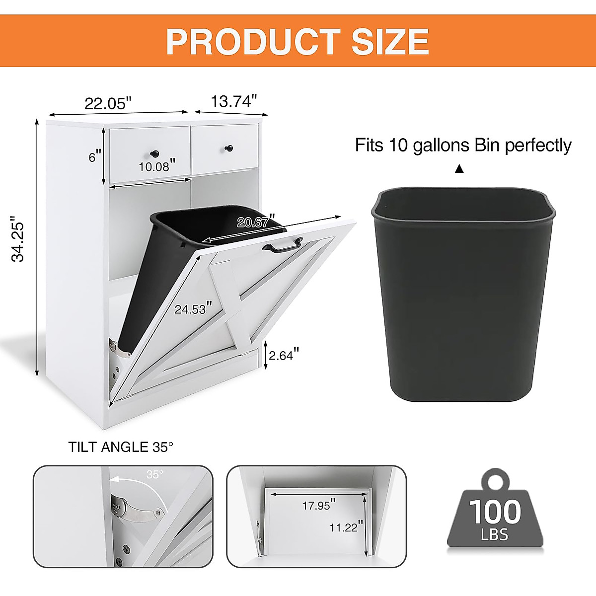 Walmokid White Tilt Out Trash Cabinet, Wooden Kitchen Trash Can Cabinet w/Hideaway Drawers, Dog Proof Trash Can Holder, Free Standing Tilt Out Laundry Hamper 10 Gallon