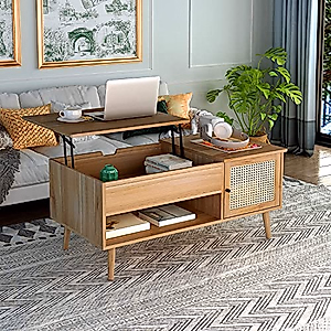 FOKWE Lift Top Coffee Table with Hidden Compartment, Big Storage Space and Adjustable Storage Shelf Lift Tabletop Dining Table for Home Living Room, Office (Walnut)