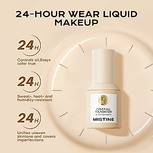 MISTINE Full Coverage Foundation Makeup for Oily Skin,24 Hour Oil Control Liquid Foundation,Skin-Caring,Moisturizing Formula,Cream Foundation,Matte Finish,Creamy Beige,1 Fl Oz