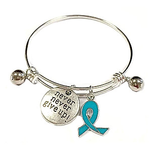 Awareness Bangles For Women - Ovarian Cancer Awareness Bracelets Charm Bangle - Teal Turquoise Ribbon Positive Inspirational Message Charm Bangle 1 pc