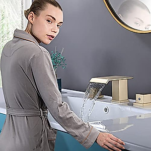 TapLong Solid Brass Modern Waterfall Bathroom Basin Faucet 3 Holes 2 Square Handles Brushed Gold Sink Faucet