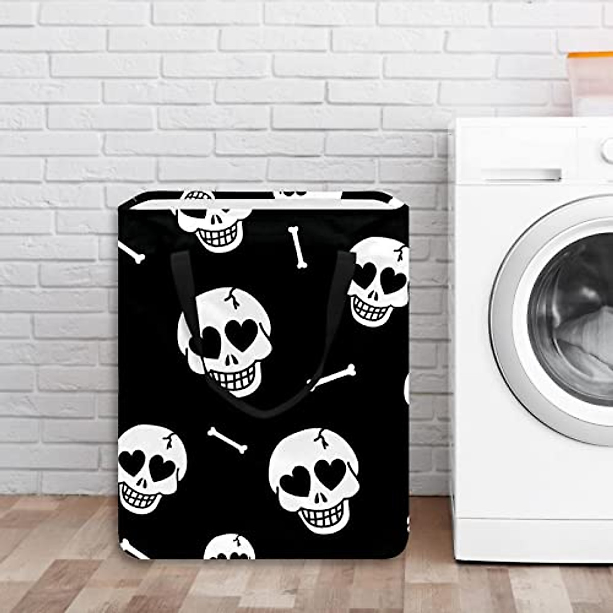 Heart Eye Skull and Bones Print Collapsible Laundry Hamper, 60L Waterproof Laundry Baskets Washing Bin Clothes Toys Storage for Dorm Bathroom Bedroom