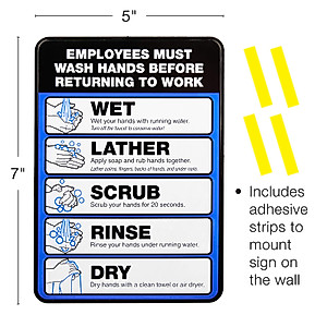 Excello Global Products Employee Must Wash Hand Sign: 5"x7" Plastic Sign for Businesses with Easy Mount Adhesive Strips (Pack of 2)