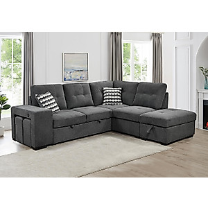 THSUPER 100 inch Linen Sectional Sleeper Sofa with Pull Out Bed, L Shaped Convertible Sectional Sleeper Couch with Storage Ottoman, 2 Foot Stool and USB Ports, Dark Gray
