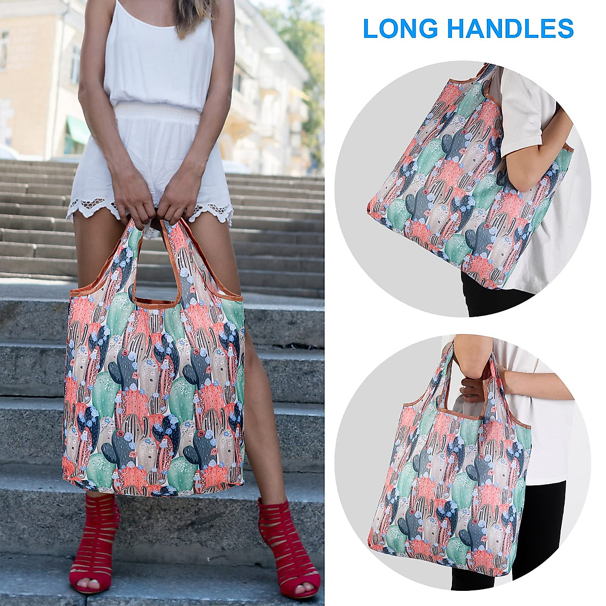 Oudduo Floral Washable Bag for Grocery 6 Pack Foldable Grocery Bag Polyester Shopping Tote Heavy Duty Durable