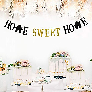 Home Sweet Home Banner - Welcome Home Bunting Garland for Housewarming/Family Party Decorations, Welcome Home Sign Gold Black Glitter.