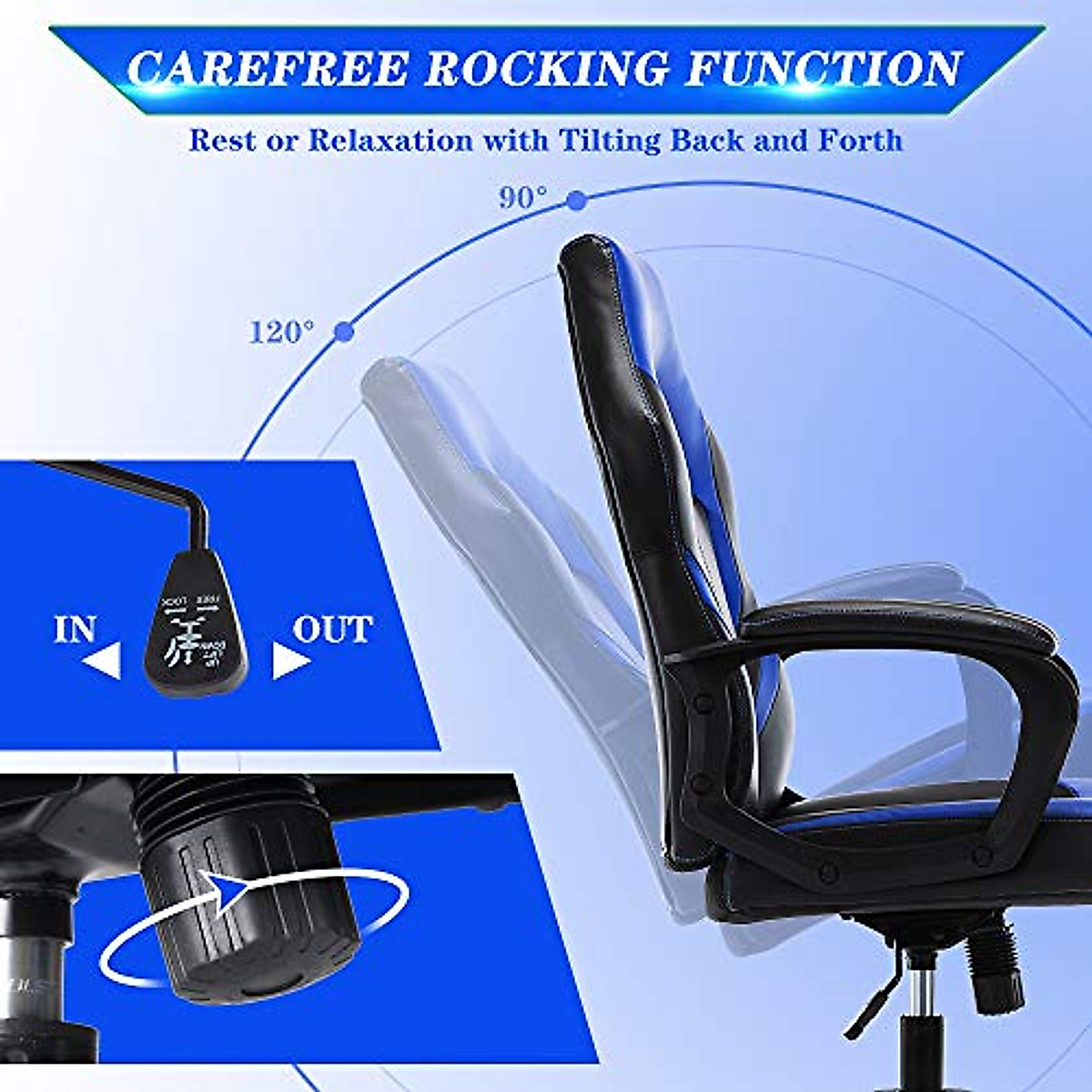 HOMEFLA Office Ergonomic Computer Gaming Desk Bonded Leather Swivel Chair Height Adjustable Cushioned Armrests, Blue