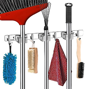 Zilvoran Mop And Broom Holder Wall Mount, Stainless Steel Mop Holder With Hooks, Brooms And Mops Tool Organizer For Closet Laundry Utility Room Garage (3 Racks & 4 Hooks)