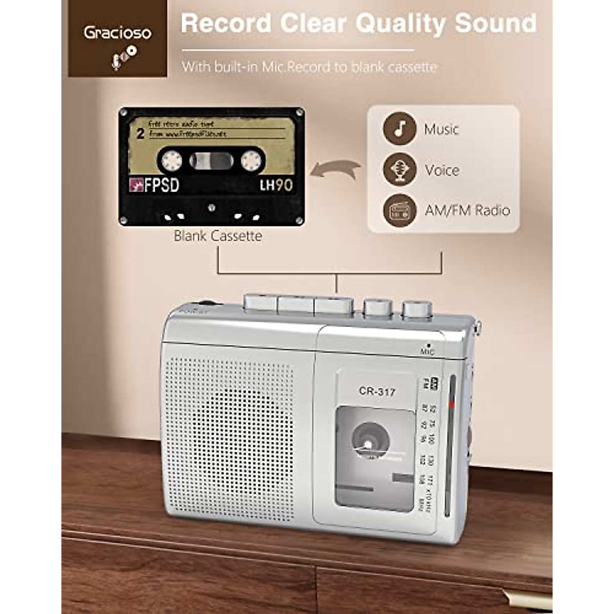 Gracioso Portable Cassette Player Recorder with Bluetooth Transmitter, AM FM Walkman Cassette Player with Headphone Jack & Big Speaker,Microphone Jack, 2*AA Battery Opearated Cassette Tape Player