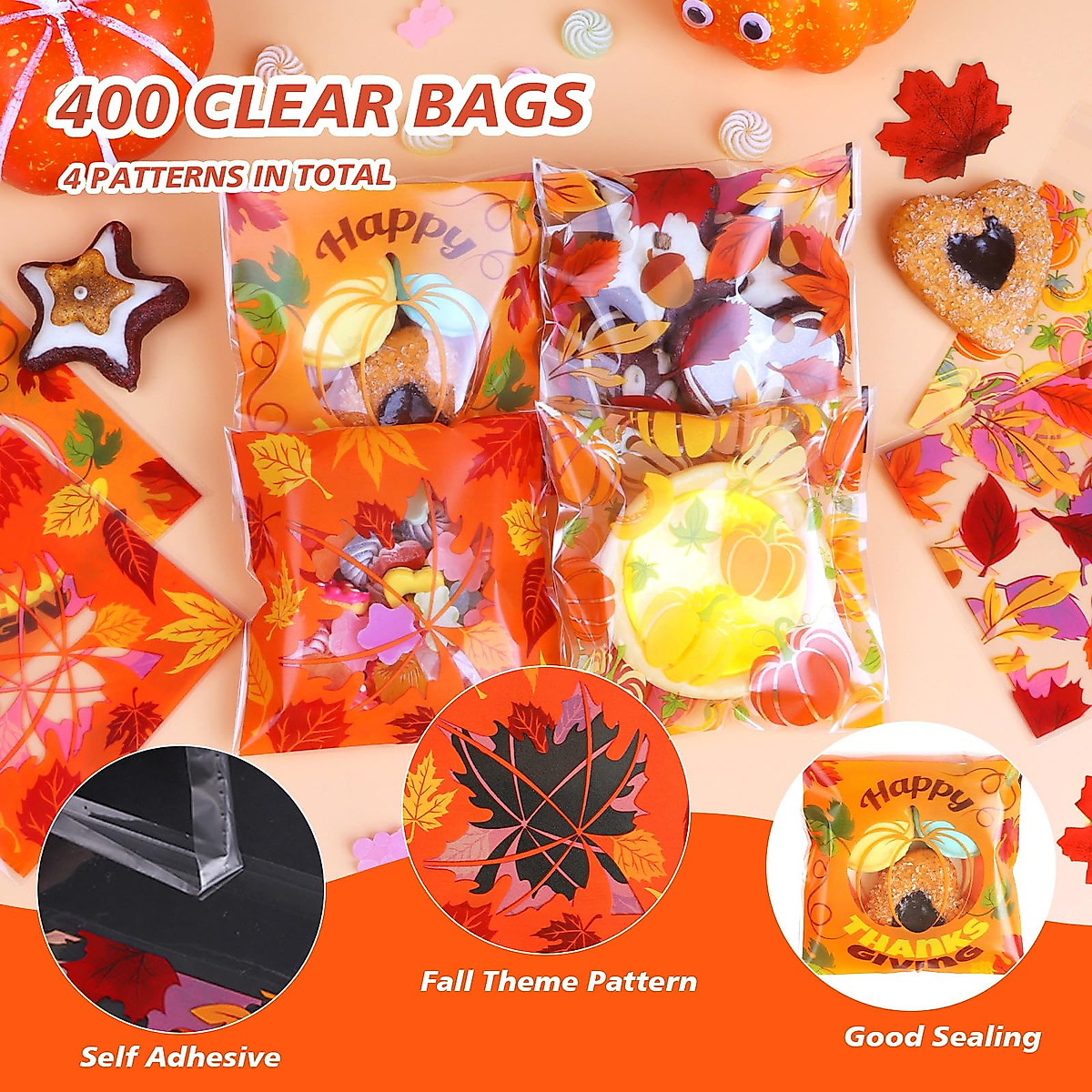 DERAYEE Fall Treat Bags, 400 Pcs Self Sealing Cellophane Cookie Bags Pumpkin Maple Leaves Clear Candy Bags Plastic Self-Adhesive Goodie Gift Bag for Thanksgiving Party Favor Autumn Party Supplies (3.9 x 3.9 Inch)