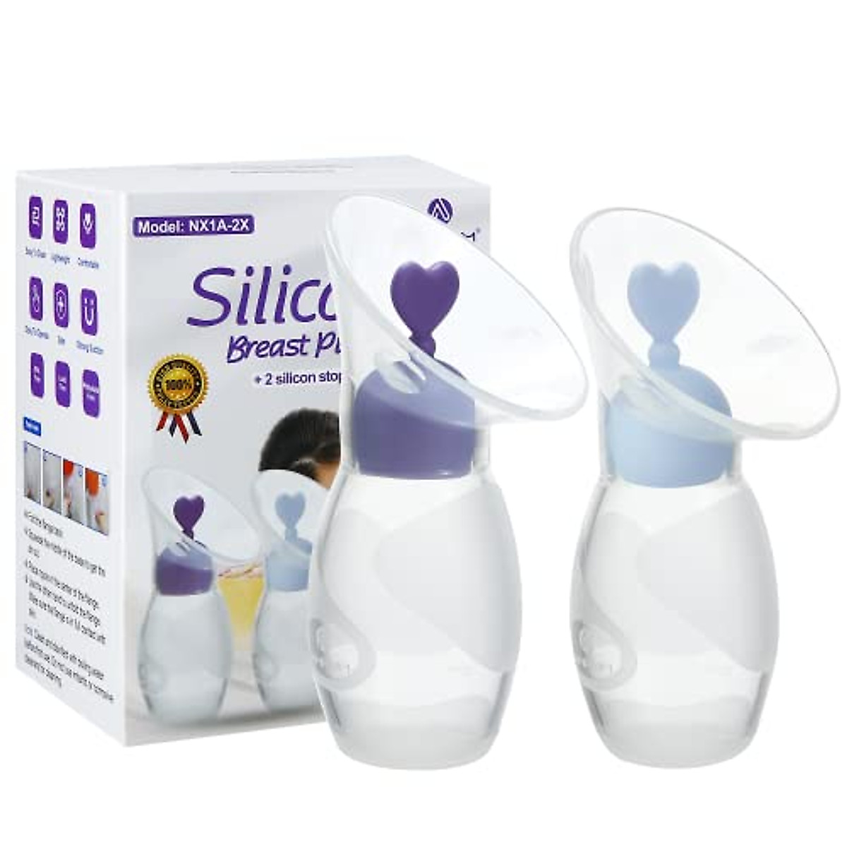Amplim Manual Breast Pump with Two Stoppers - 2 Pack, FSA/HSA Eligible, 4oz/100ml, Portable, Comfortable, and Easy to Use - BPA-Free and Food Grade Silicone - Ideal for Breastfeeding Moms On The Go