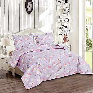 Girls Quilt Bedding Twin Size Bedspread Unicorn Bedding Kids Quilt Bedspread Twin Quilts Girls Bed Set Lightweight Reversible Quilt Girls Bedspread Coverlet Purple Rainbow Unicorn Animal Quilts