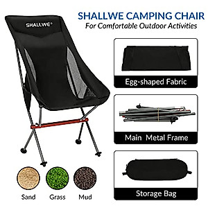 SHALLWE Ultralight High Back Folding Camping Chair, Upgraded All Aluminum Structure, Built-in Pillow, Side Pocket & Carry Bag, Compact & Heavy Duty for Outdoor Backpacking(Pitch-Dark)