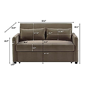 Melpomene 57" W Pull Out Sofa Bed, Convertible Sectional Futon Sofa Couch, Compact Soft Velvet Sofa Bed with 2 Lumbar Pillows and Side Pocket, for Living Room Apartment.(Light Brown)