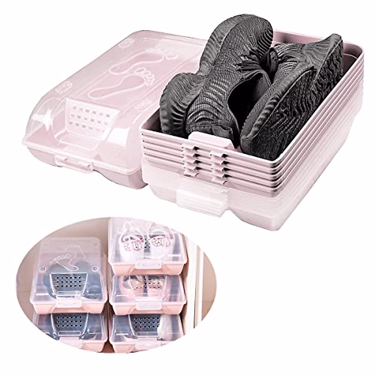 YEAVS 6 Pack Storage Shoe Box Stackable, Thickened Clear Plastic Shoes Containers, Sneaker Organizer Bins with Lids (Pink)