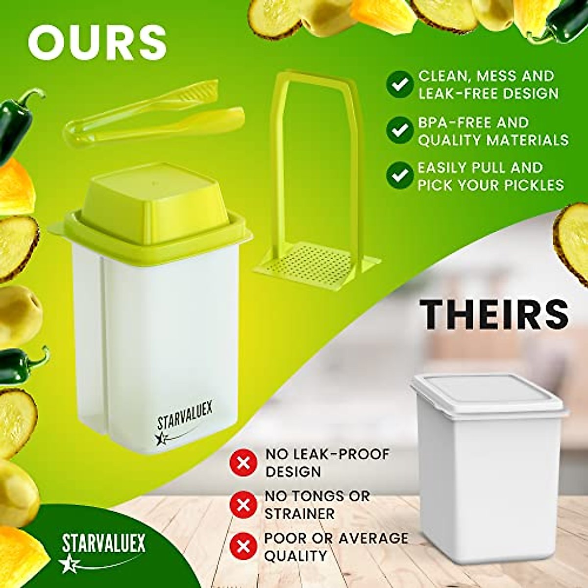 Pickle Pal Pickle Container with Strainer | Jalapeno Container with Pickle Grabber | Pickle Jar with Strainer Flip for Olives, Fruit, Veggie Containers | Pickle Holder 40 oz | Chamoy Pickle Kit