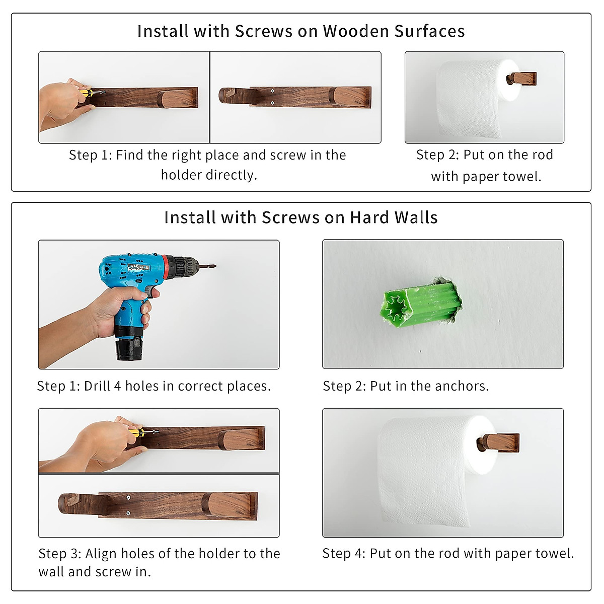 Wood-Paper-Towel-Holder-Under-Cabinet-Kitchen-Handmade - Wall Mounted/Adhesive No Drill Sturdy Roll Hanging Organizer, Horizontal Papertowel Dispenser Easytear, Handcraft Decor Gift Real Woodwork Home