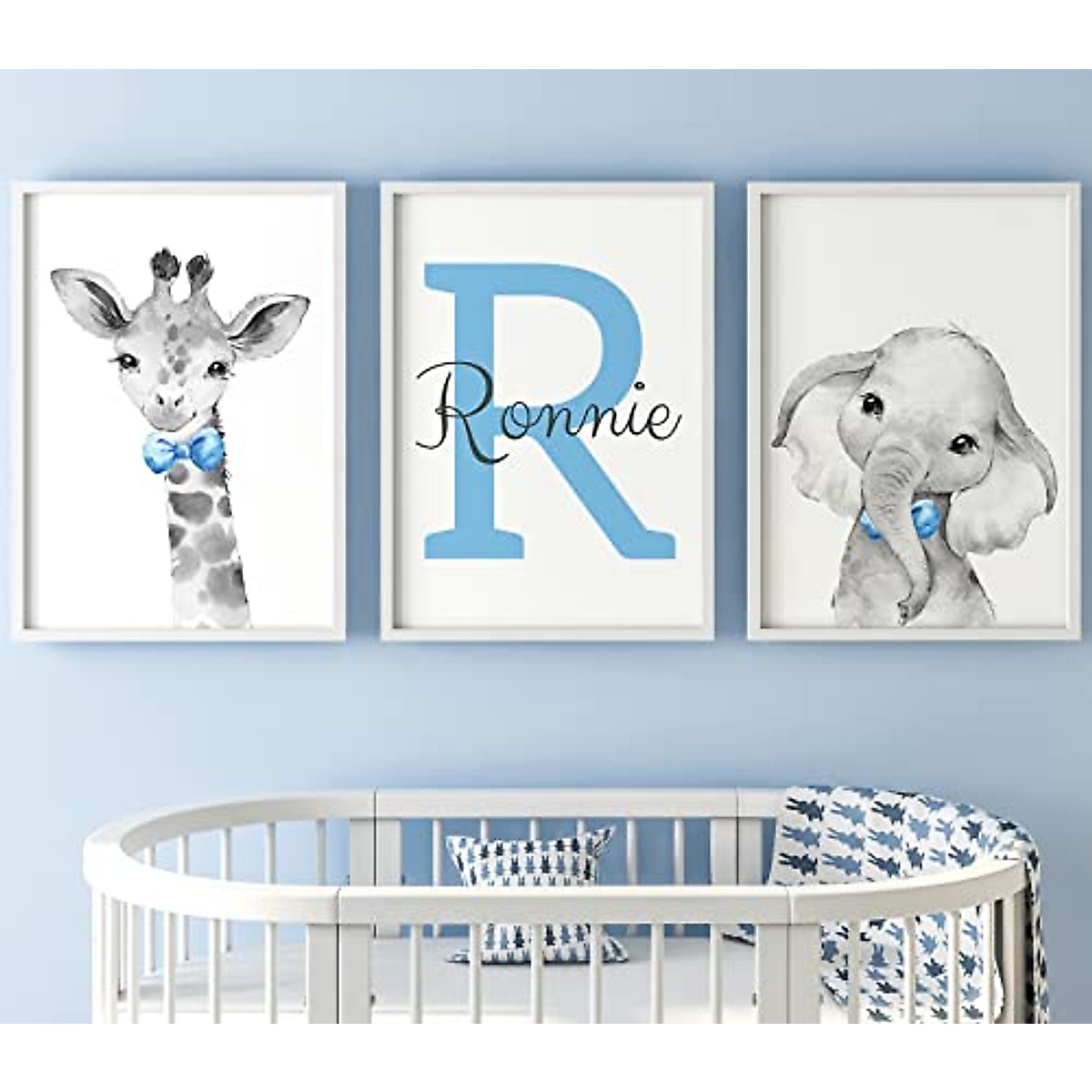 Personalized Safari Animals for Baby Boys Nursery Bedroom Unframed set of 3 Poster Prints, Personalized Name Blue Green Yellow Bow Tie Wall Art Decor New Baby Gift Present, Elephant Giraffe Lion Zebra (8x10)