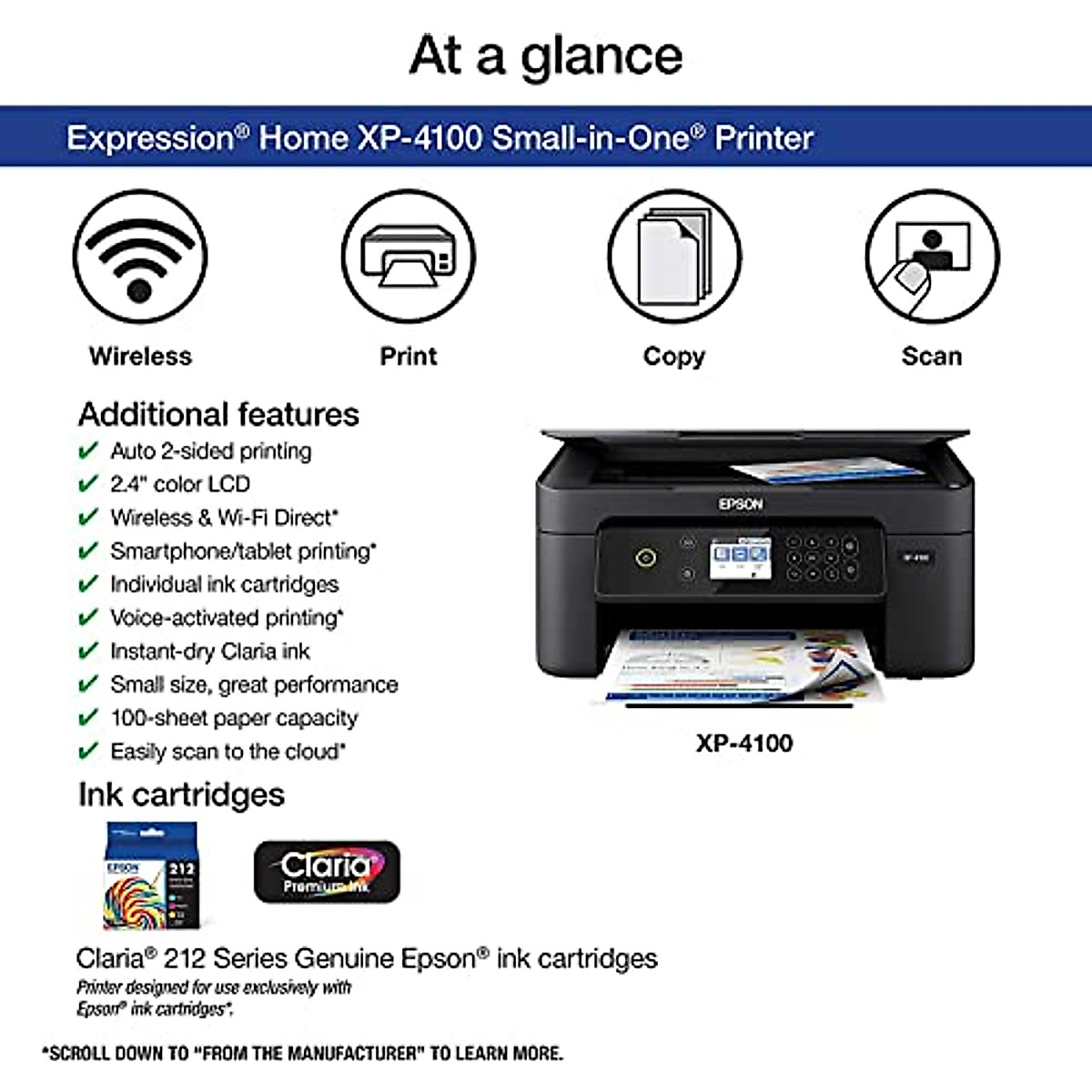 Epson Expression Home XP-4100 All-in-One Wireless Color Inkjet Printer, Black - Print Copy Scan - 10.0 ipm, 5760 x 1440 dpi, 2.4" Color LCD, Auto 2-Sided Printing, Voice-Activated, USB, Wi-Fi Direct