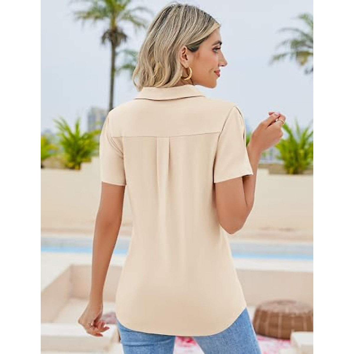 ZHENWEI Short Sleeve Summer Shirts Women V Neck Collared Polo Tunic Tops Work Blouse,Apricot,S