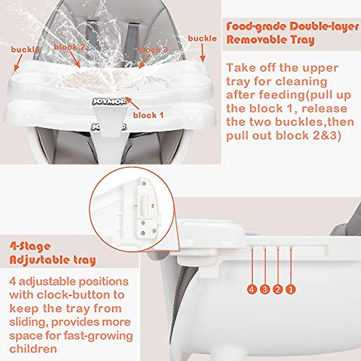 JOYMOR 5-in-1 Baby High Chair for Infants to Toddler, 4-Position Adjustable Wooden Eating Highchair with Leather Seat Cushion, Convertible Kids Table and Chair Set