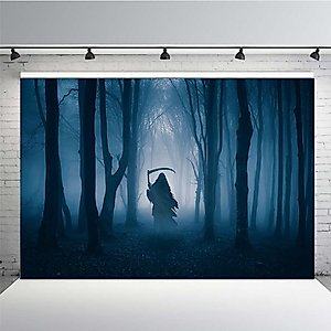 MEHOFOND 7x5ft Scary Halloween Backdrop Misty Dark Forest Horrible Halloween Gloomy Woods Trees Scythe of Death Photography Background Horrible Cemetery Spooky Party Decoration Photo Booth Props
