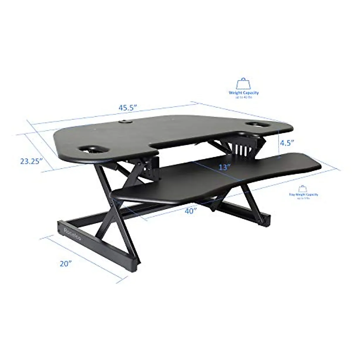Rocelco 46" Height Adjustable Corner Standing Desk Converter, Quick Sit Standup Dual Monitor Riser, Gas Spring Assist Tabletop Computer Workstation, Large Keyboard Tray, (R CADRB-46), Black