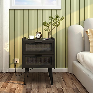 HHETOGOL Small Black Nightstand with Charging Station & 2 Rattan-Like Decor Drawers,Small End Table with Solid Wood Feet for Small Bedroom, Living Room, Natural, TTBZ02BKE
