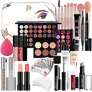 beginner Makeup Kit For Women Full kit, Makeup Set For Teen Girls Eyeshadow Lip gloss Lipstick Make up Brushes Eyebrow Eyeliner Pen Liquid Concealer Foundation Primer Puff Eye shadow Shields Eye Brow Stencil