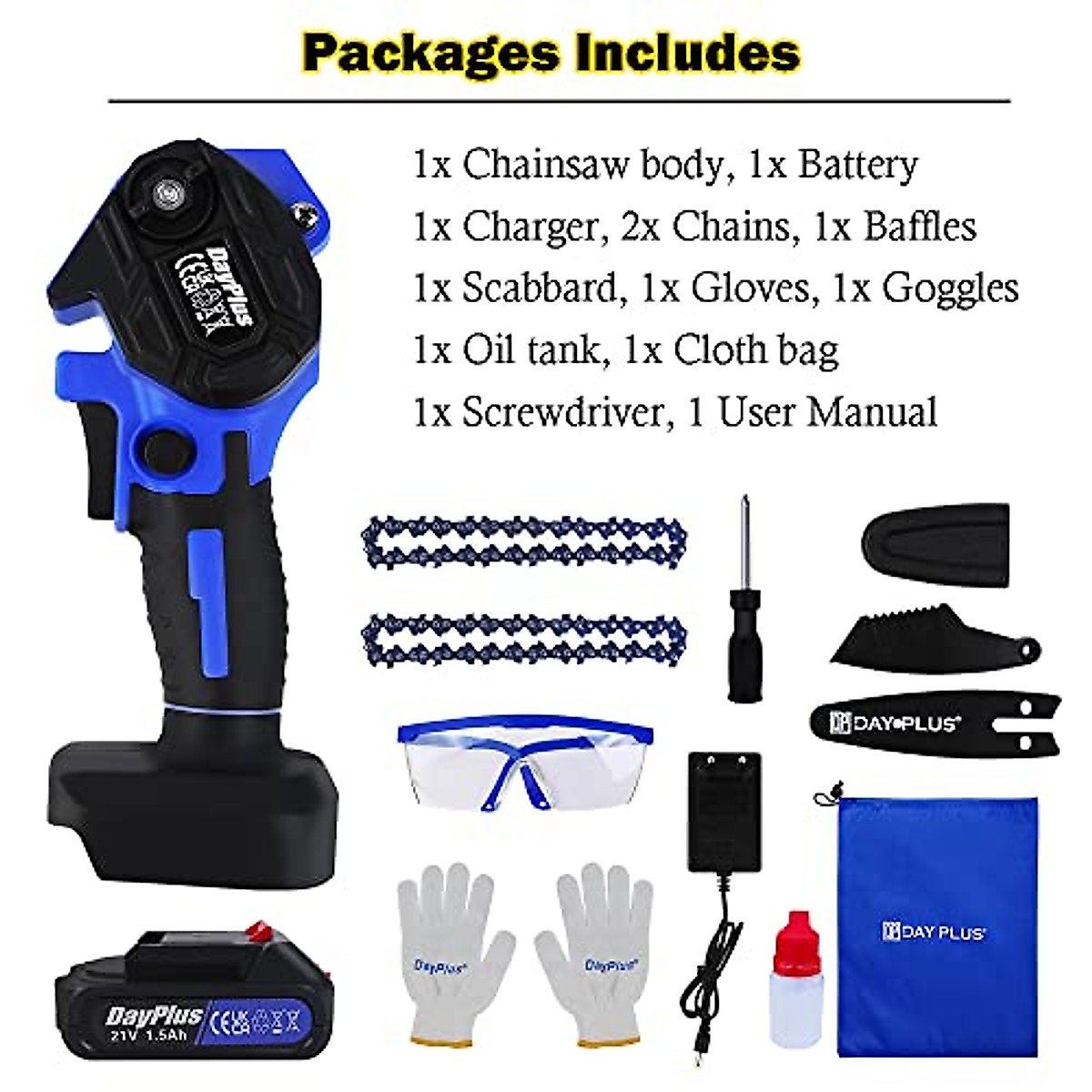 Mini Chainsaw Cordless Electric Chain Saw, Pruning Shears Saw, Portable & Lightweight & 4" One-Hand Handheld for Garden Tree Branch Trimming Wood Cutting(1 Battery, 2 Chains, 1 Charger)