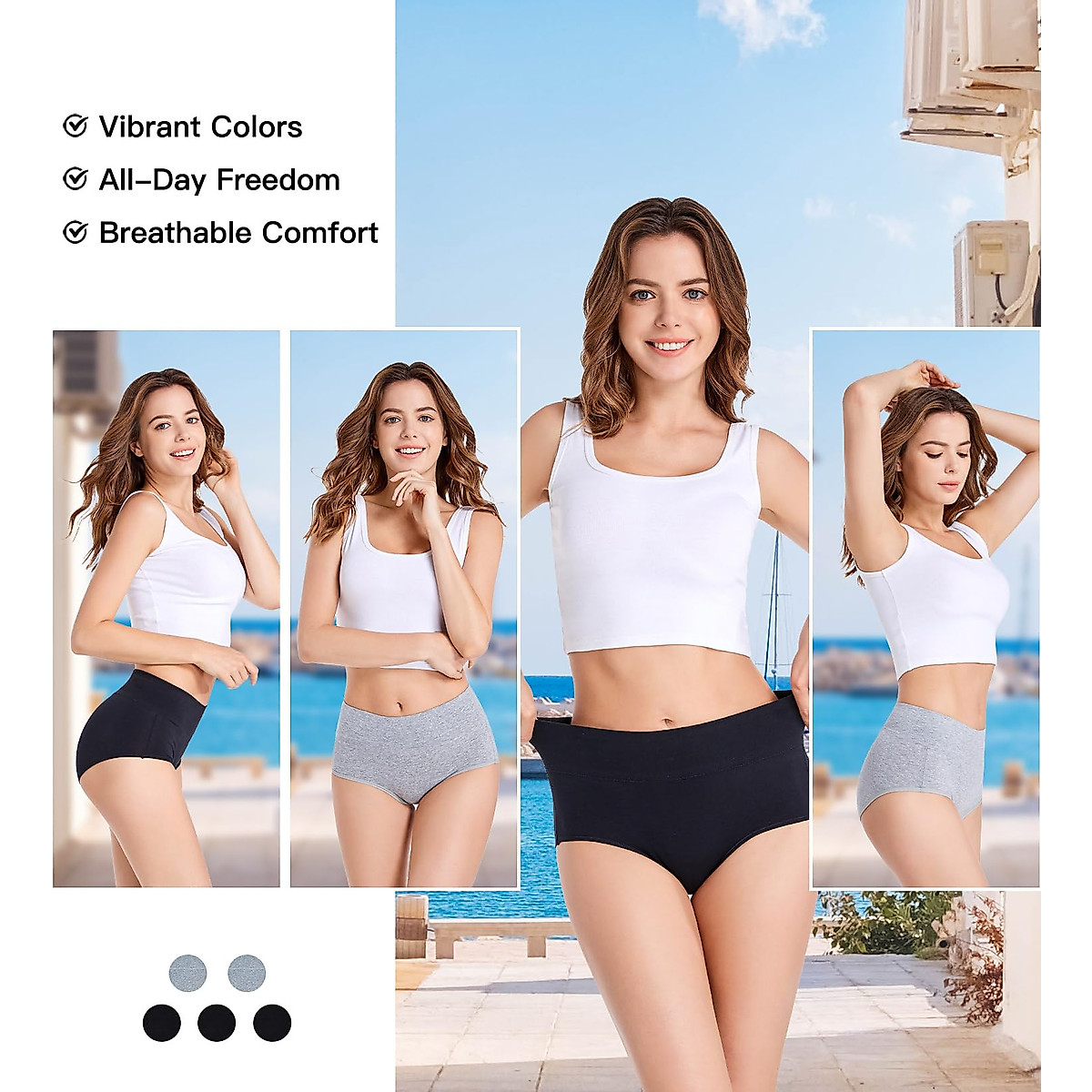 HAVVIS Women's Briefs Underwear Cotton High Waist Tummy Control Panties Rose Jacquard Ladies Panty Multipack (Briefs 03-5 Pack - 3black,2grey, Large)