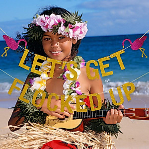 Gold Glittery Let's Get Flocked Up Banner & Let's Flamingle Garland for Hawaii Luau Bachelorette Birthday Party Decoration Supplies, Flamingo Party Decor