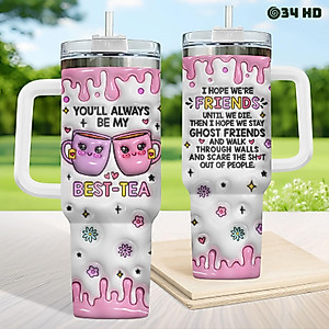 34HD Bestie Tumler with Handle & Straw, 40oz Stainless Steel Vacuum Insulated Best Friend Cup, Anniversary Christmas Birthday Gifts for Women Work Bestie Soul Sisters Best Friend