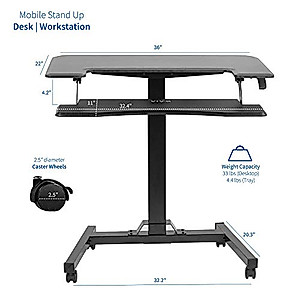 VIVO Black Pneumatic Mobile 36 inch Height Adjustable Two Platform Standing Desk with Wheels, Dual Tiered Rolling Small Space Workstation, DESK-V111GT