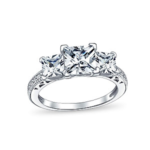 Bling Jewelry Art Deco Style 3CT Square Princess Cut 3 Stone Past Present Future Promise CZ Engagement Wedding Ring Sterling Silver