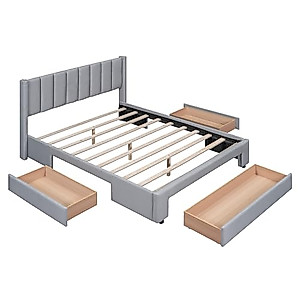 HAUSHECK Queen Upholstered Size with 3 Storage Drawer and Classic Wingback Headboard, Modern Platform Frame w/Wooden Slats Support Mattress Foundation, Bed No Box Spring Needed, Gray