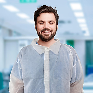 AMZ Medical Supply White Disposable Lab Coat, M. 35 GSM Polypropylene Fabric Medical PPE Coat. Knee-Length Disposable Lab Coats for Adults with Elastic Wrists, Loop Fasteners, No Pockets