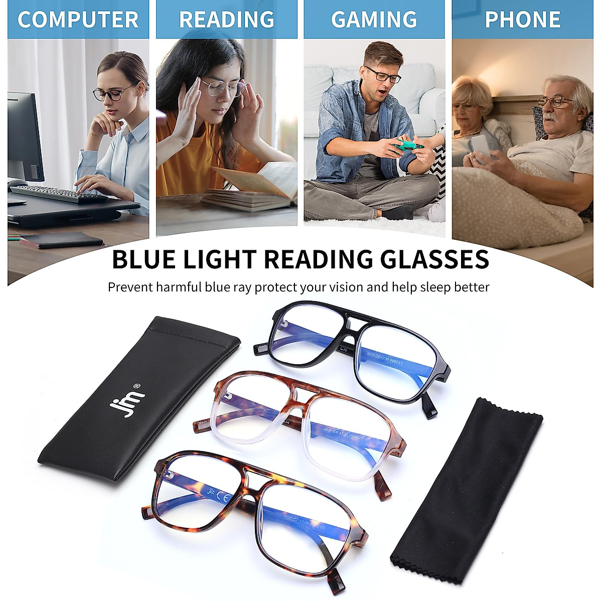 JM 3 Pack Oversized Aviator Reading Glasses for Women Men, Retro Square Blue Light Computer Readers +0.0