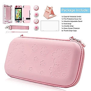 HLRAO Pink Travel Carrying Case Accessories Kit Compatible with Nintendo Switch (NOT Fit OLED/Lite).Pink Switch Hard Protective Cover,Adjustable Stand,Screen Protector & Cute Thumb Grips 10 in 1 Gift.