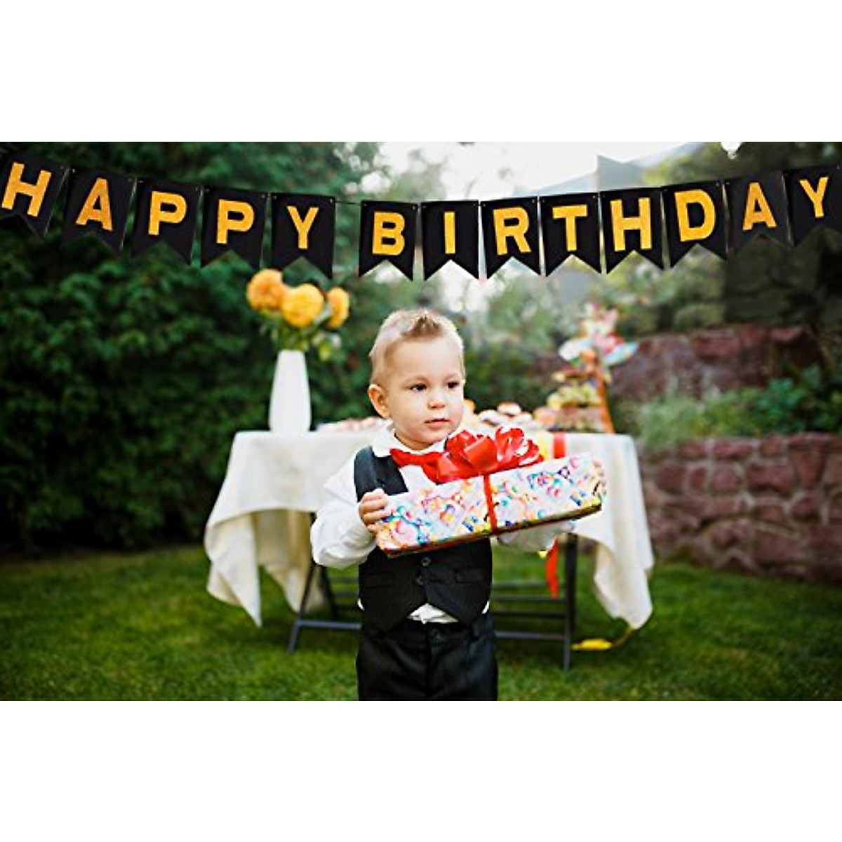 Happy Birthday Banner Black and Gold Glitter Letters on Thick Cardstock Paper Black Happy Birthday Bunting Garland for Birthday Photo Booth and Backdrop Hanging Party Supplies