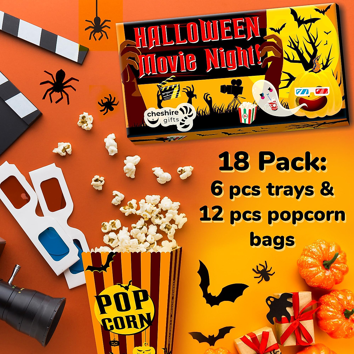 Cheshire Gifts Halloween Party Supplies For Movie Night 18pcs - Popcorn Bags 12ct & Movie Night Snack Trays 6ct - Halloween Party Decorations, Halloween Party Favors, Halloween Decor