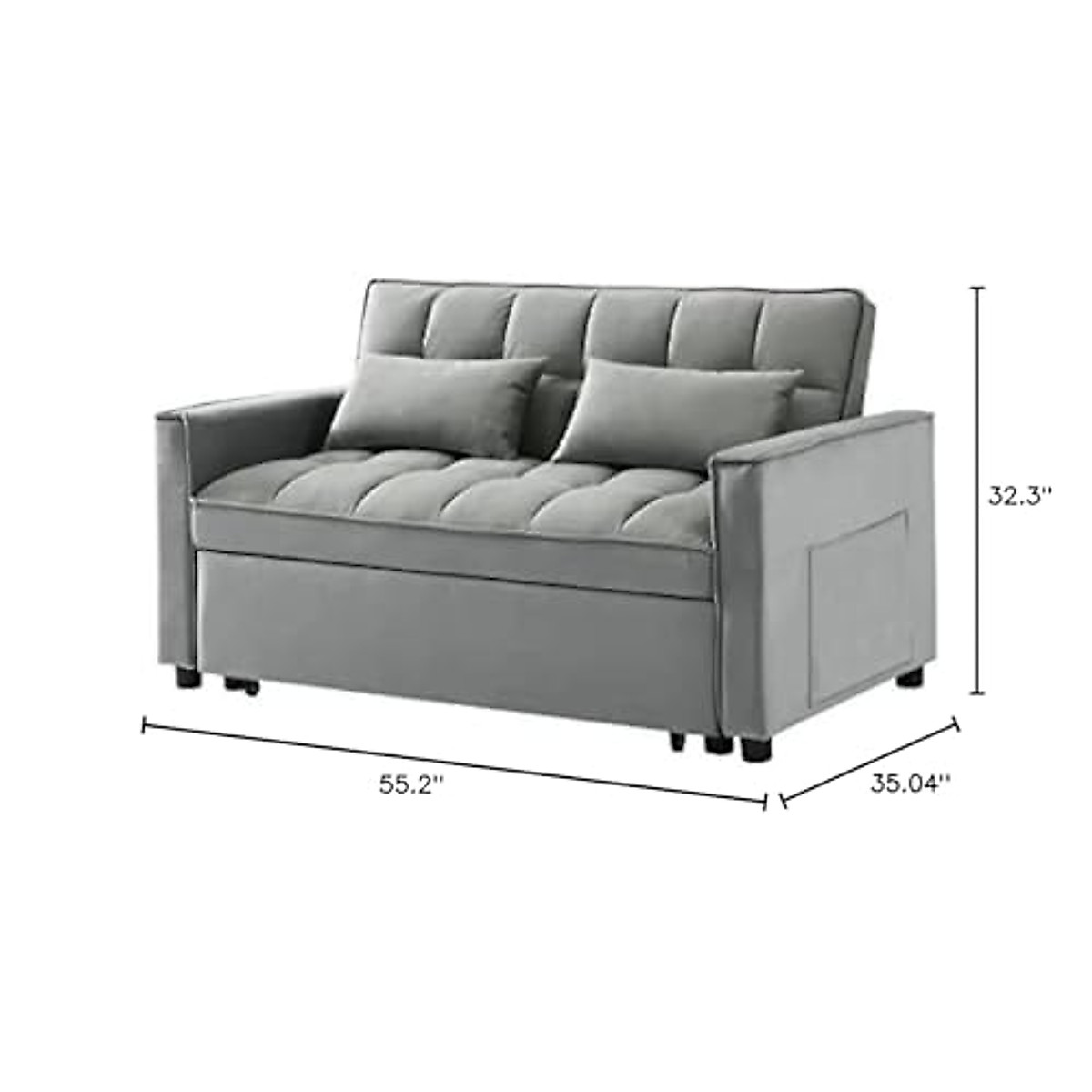 Generic Velvet 3-in-1 Convertible Sleeper Loveseat, 55.2*32.3*35.04in, Grey