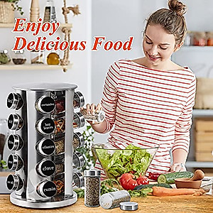 Revolving Spice Rack with 20 Jars, Rotating Spice Rack Organizer, Seasoning Organizer with Labels, Stainless Steel Spice Carousel for Kitchen Countertop, Cabinet