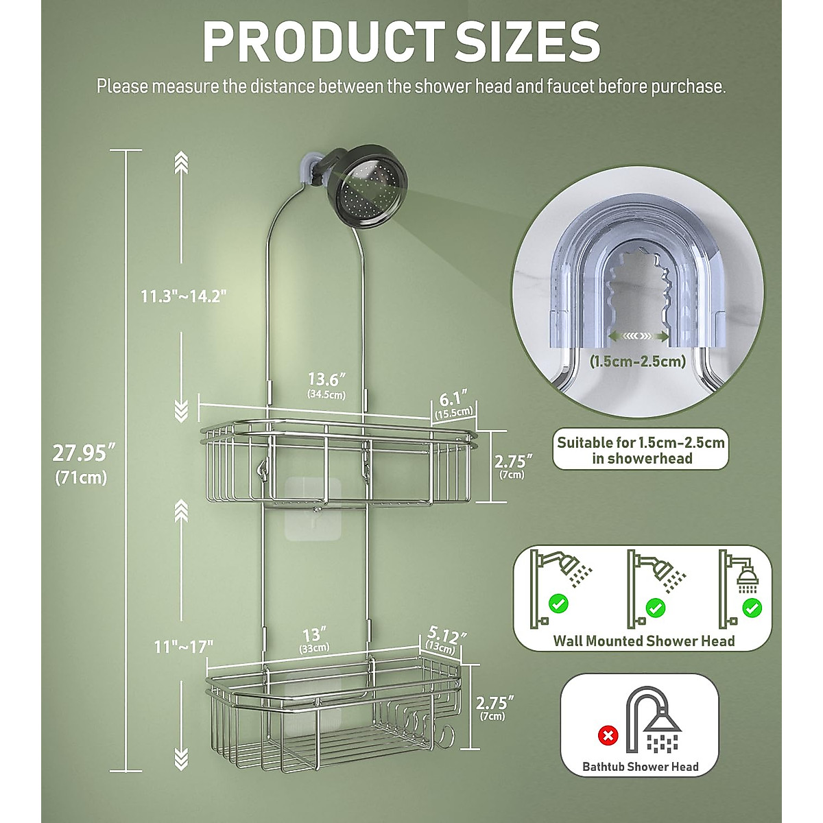WXCGX Hanging Shower Caddy Over Shower Head Organizer: Height Adjustable Large Bathroom Storage Shelf with Soap Holder - Stainless Rustproof Shower Rack Basket with Hooks for Sponge Razor - Silver