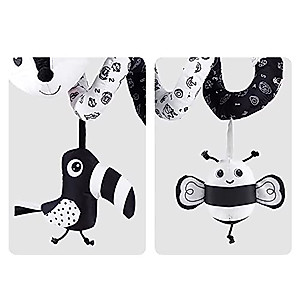 HILENBO Car Seat Toys, Infant Baby Black Fox Spiral Plush Activity Hanging Toys for Car Seat Stroller Bar Crib Bassinet Mobile with Music Box BB Squeaker and Rattles（Black）