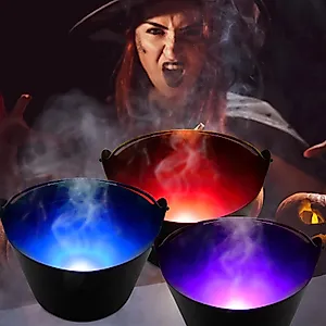VIHOSE 3 Pcs Halloween Large Witches Cauldron Pot Bucket and 3 Pcs Fountain Mist Maker Fogger with 12 LED Light Color Black Fogger Misting Cauldron for Halloween Outdoor Party Decoration